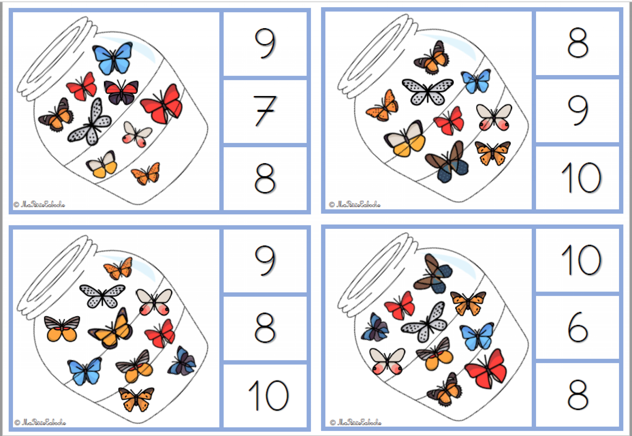 Cartes à pinces dénombrement - Papillon - Mathématiques Grande Section ...