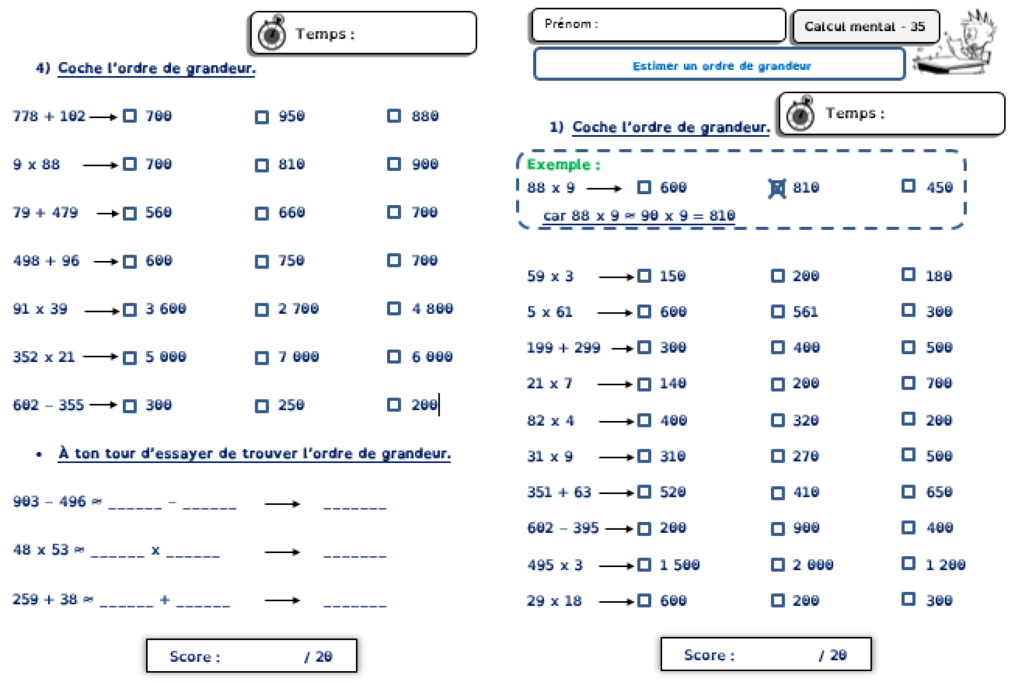 36 livrets de calcul mental (CE2 / CM) + Tableau d'évaluation ...
