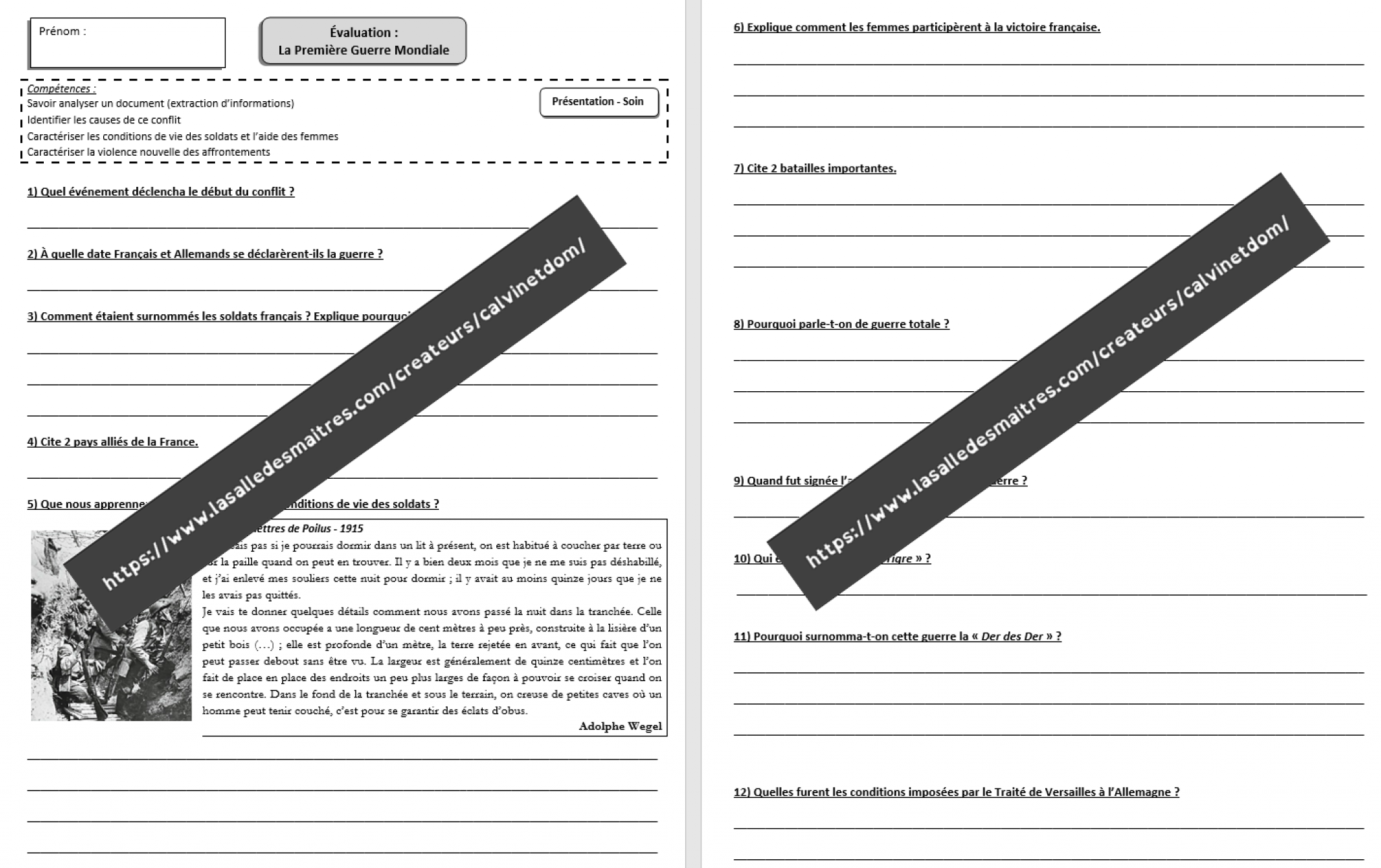 Evaluation Sur La Premiere Guerre Mondiale Cm2 | Chtoby Pomnili