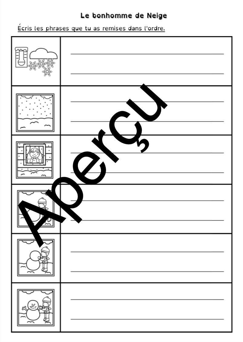 phrases dans l'ordre : bonhomme de neige - Ecriture, Lecture CE1, CP ...