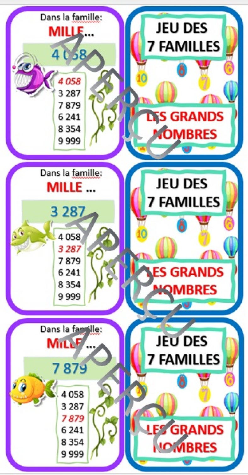 Jeu des 7 familles des grands nombres - Jeux, Mathématiques CE2, CM1 ...