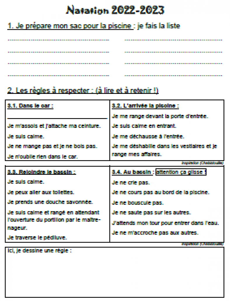 Fiche natation pour élèves de CE1 - EPS CE1 - La Salle des Maitres