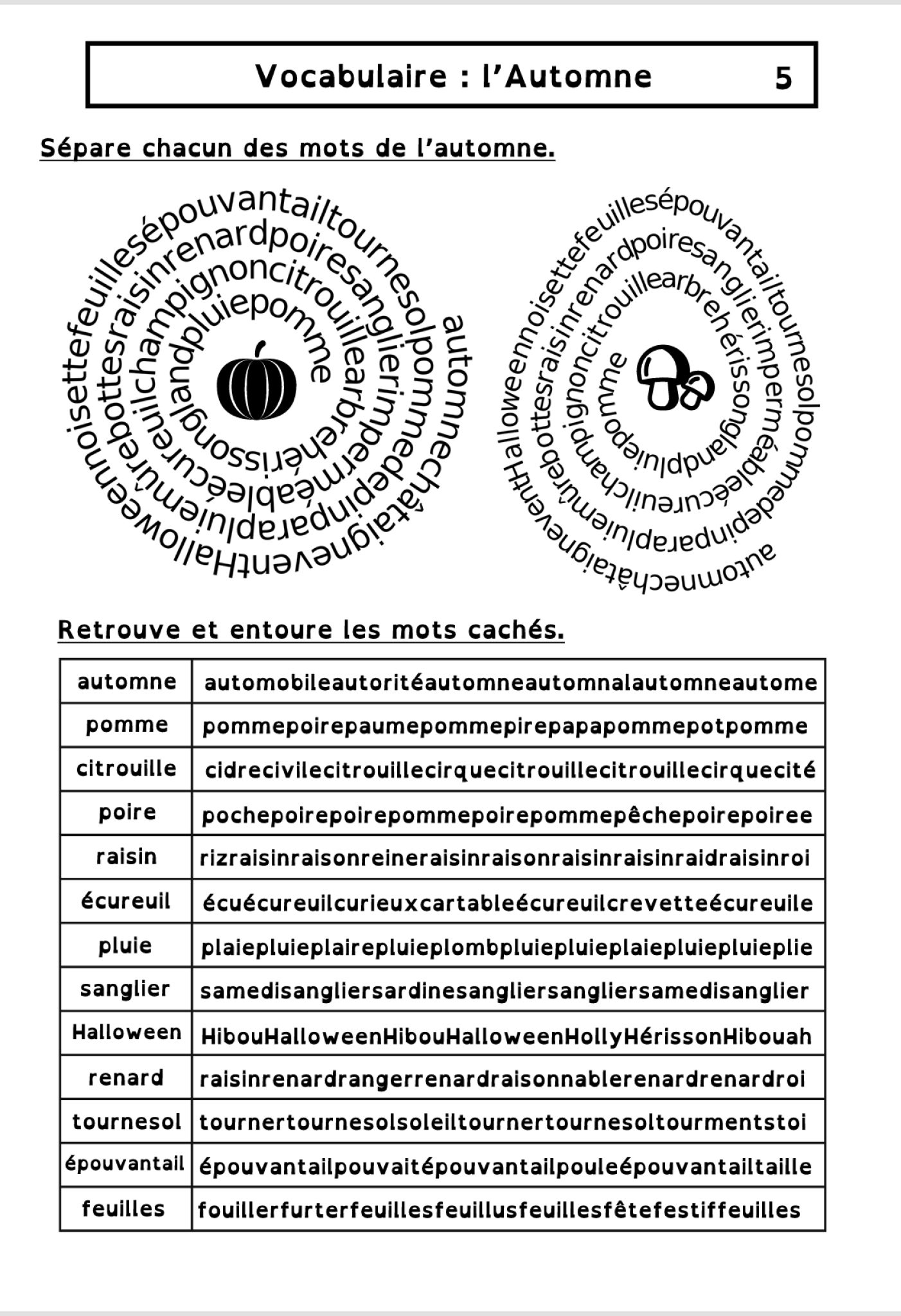 Mur de mots + exercices de vocabulaire AUTOMNE - Lecture CP, CE1 - La ...