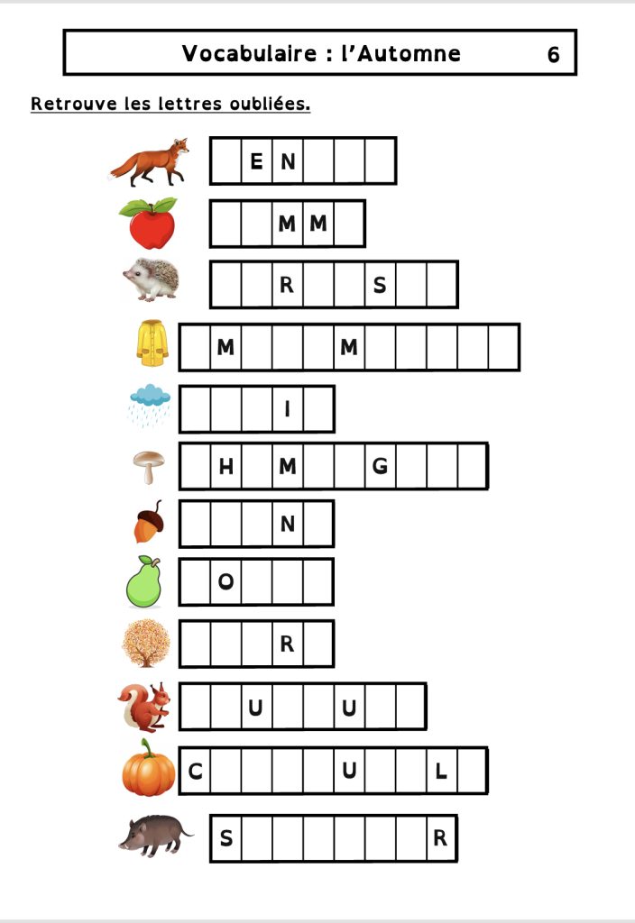 Mur de mots + exercices de vocabulaire AUTOMNE - Lecture CE1, CP - La ...
