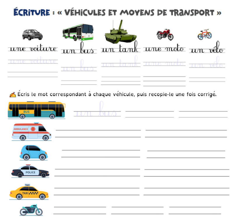 Écriture cursive : véhicules et moyens de transport (CP, CE1) - CE1, CP ...