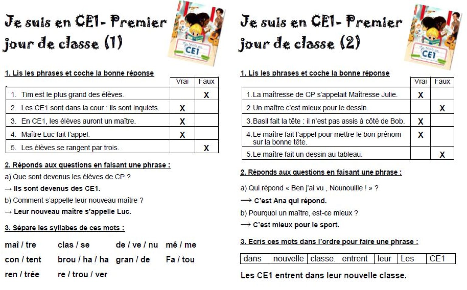 Je suis en CE1. Premier jour de classe - Exploitation pédagogique ...
