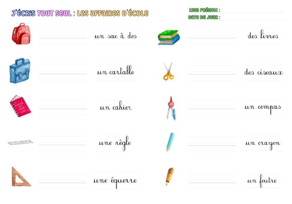 J’écris tout seul : exercice d’encodage - Les affaires d'école - CE1 ...