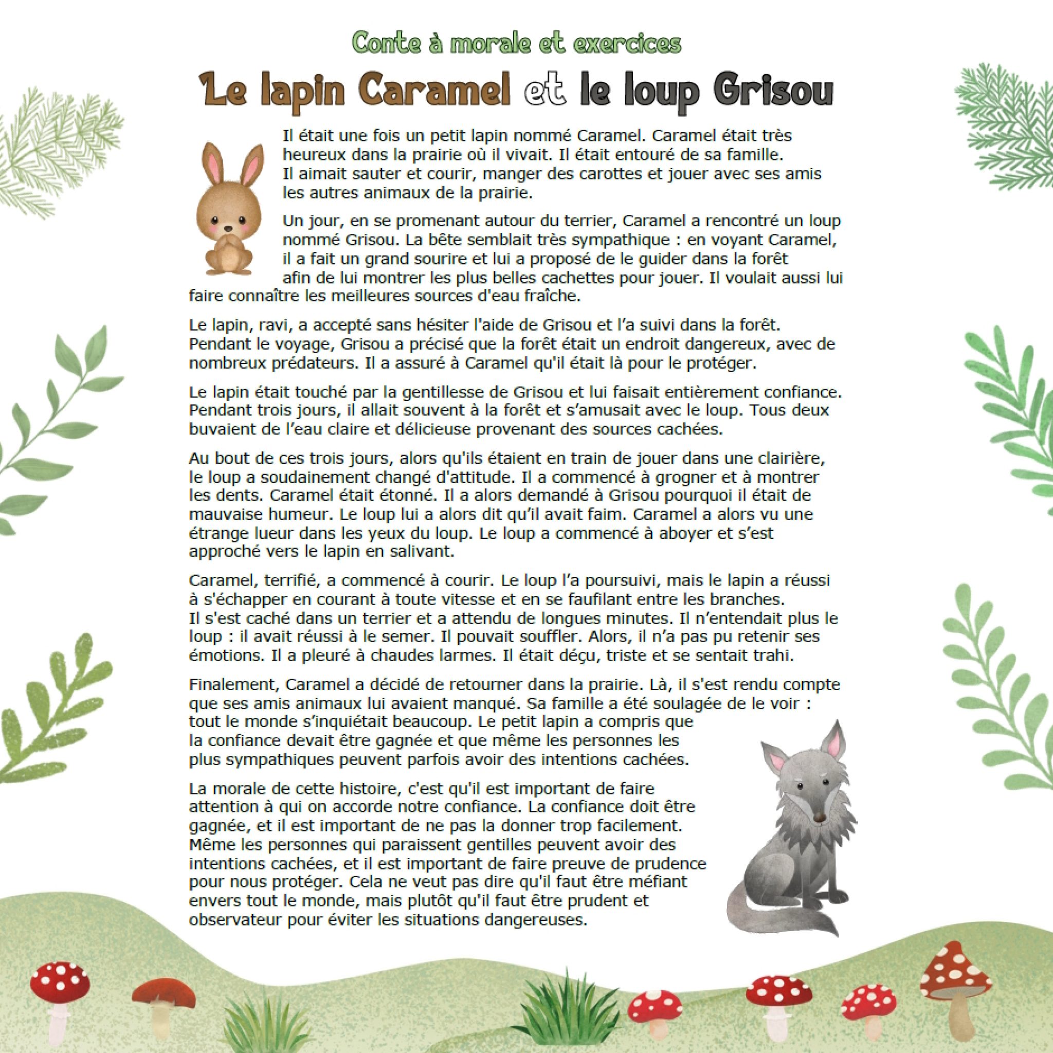 Conte à morale et exercices : Le lapin Caramel et le loup Grisou - CE1 ...