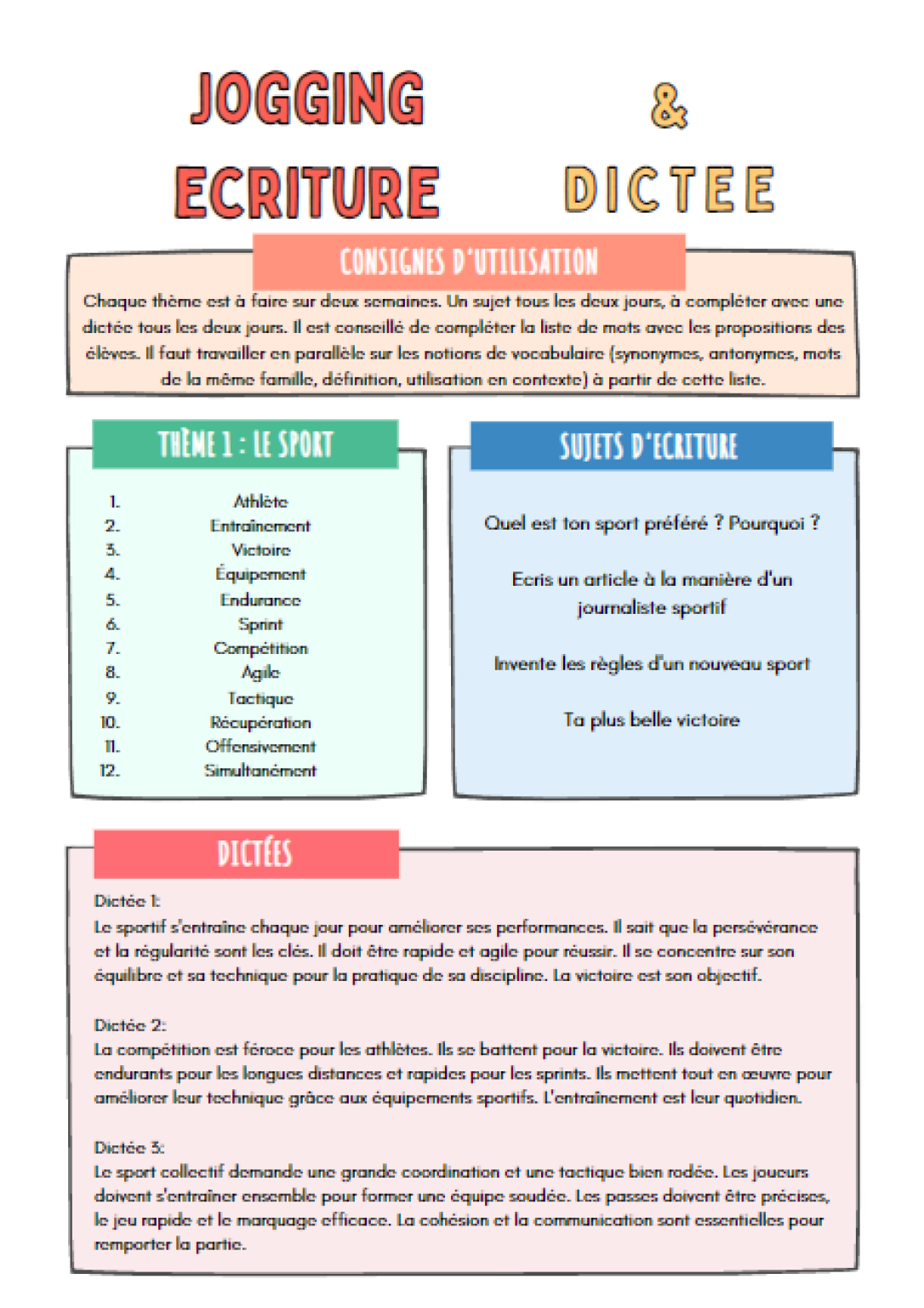 Jogging d'écriture et dictées sur le thème du sport (Thème 1 gratuit ...