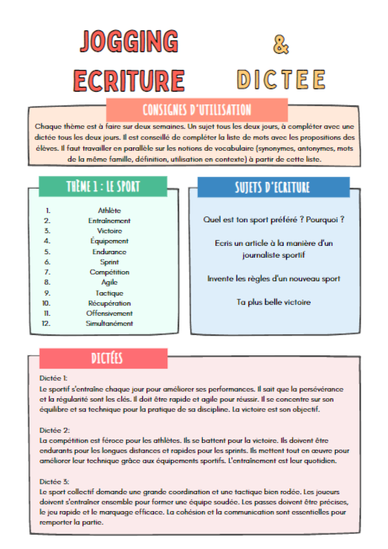 Jogging d'écriture et dictées sur le thème du sport (Thème 1 gratuit ...