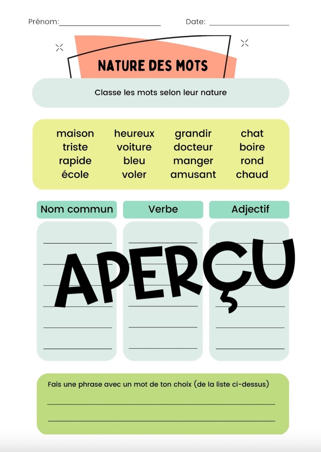 Nature des mots Classe grammaticale - Etude de la Langue CE2, CM1, CM2 ...