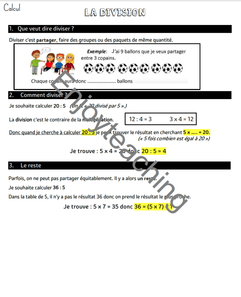 Leçon sur la division, le partage de nombres entiers - Mathématiques ...
