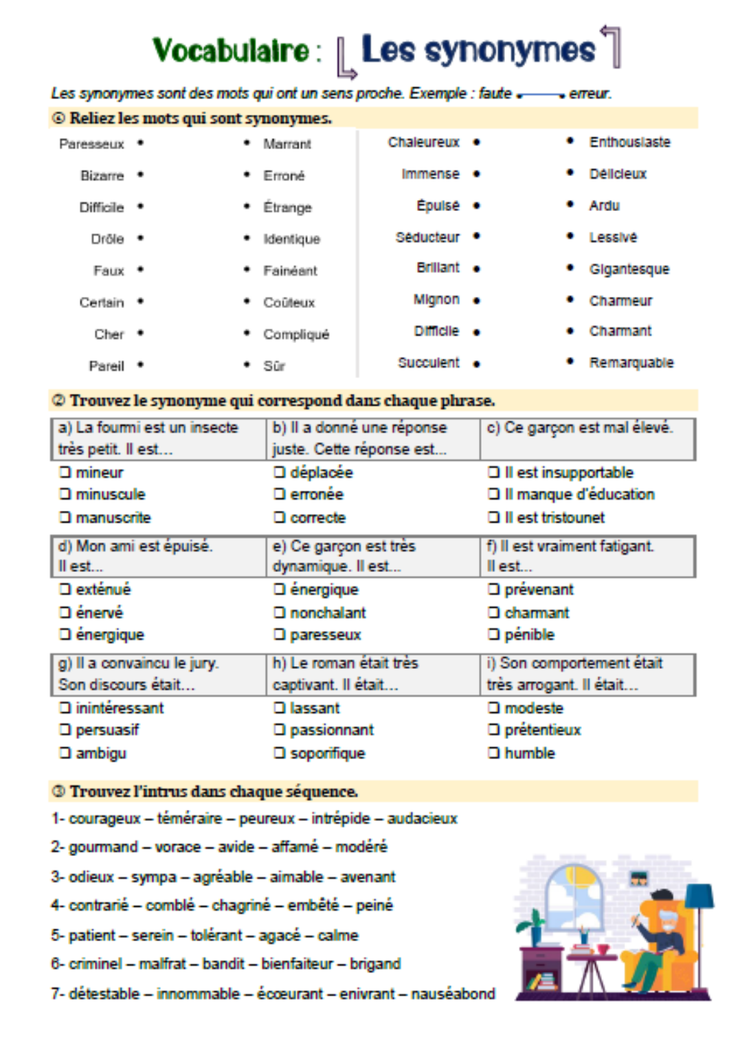 Exercice de français : les synonymes - CE1, CE2, CM1 - La Salle des Maitres