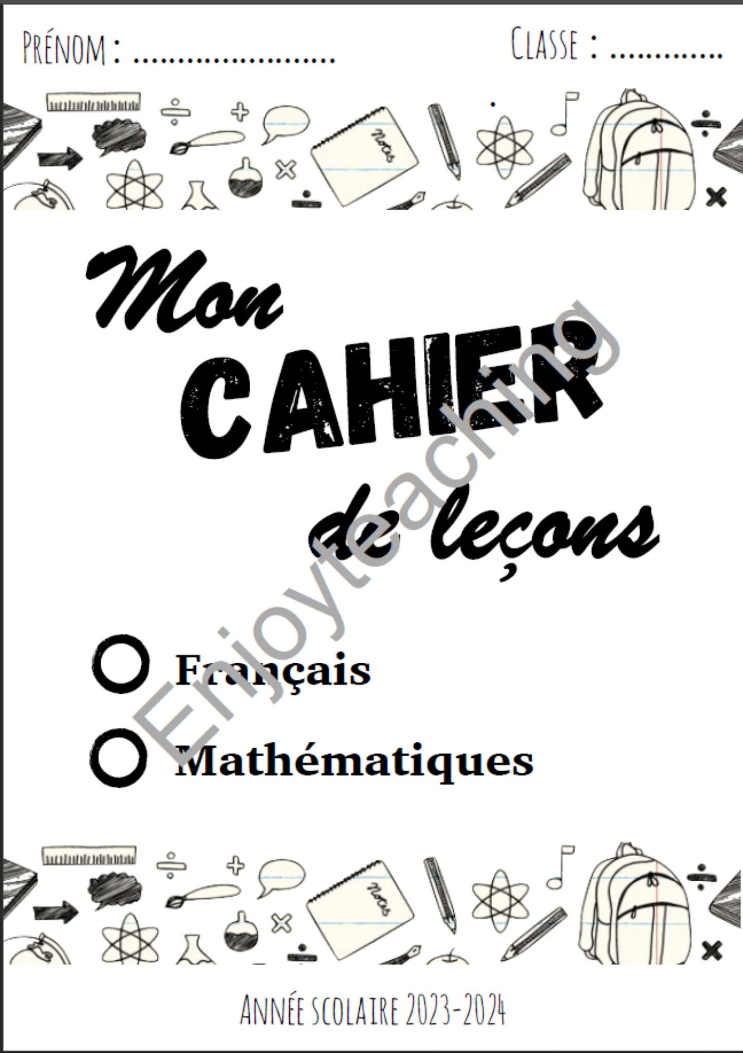 Page de garde cahier de leçons 2023-2024 - CE1, CE2, CM1, CM2, CP, Pour ...