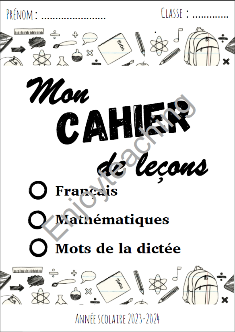 Page de garde cahier de leçons 2023-2024 - CP, Pour les enseignants ...