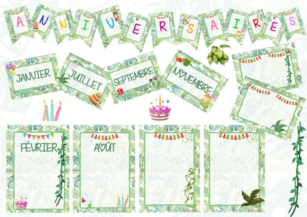 Affichage anniversaires (thème jungle) - CE1, CE2, CM1, CM2, CP, Divers ...