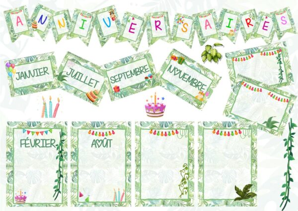 Affichage anniversaires (thème jungle) - CE1, CE2, CM1, CM2, CP, Divers ...